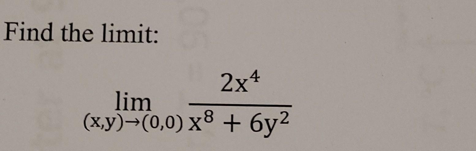 Solved Find the limit: 2x4 lim (x,y)=(0,0) x + 6y2 8 | Chegg.com