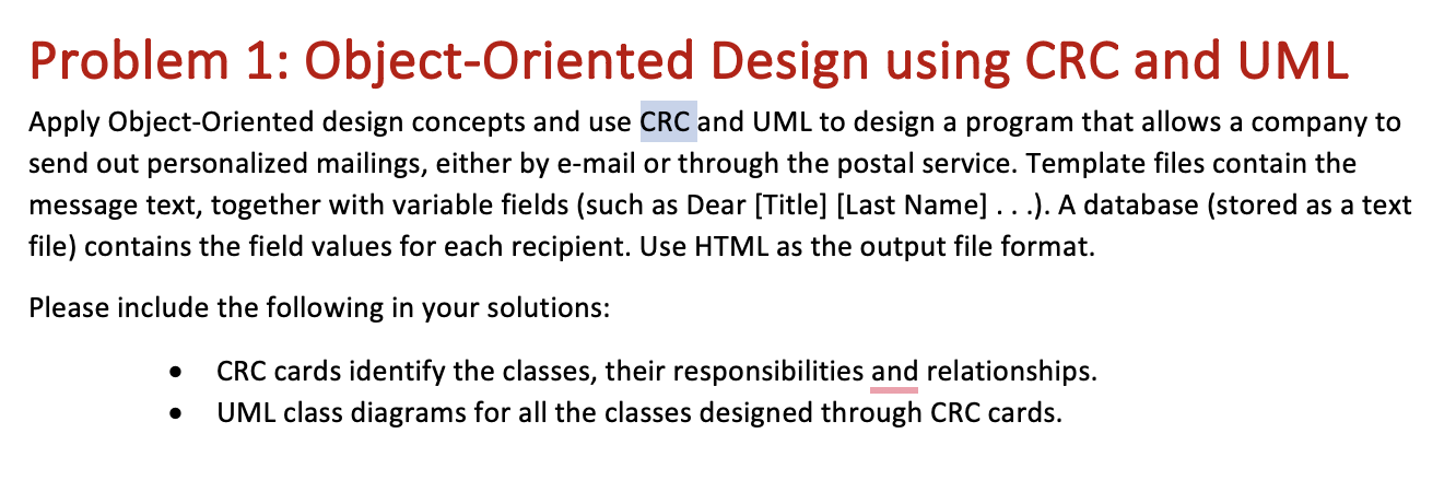 Java Problem 1: Object-Oriented Design using CRC and | Chegg.com