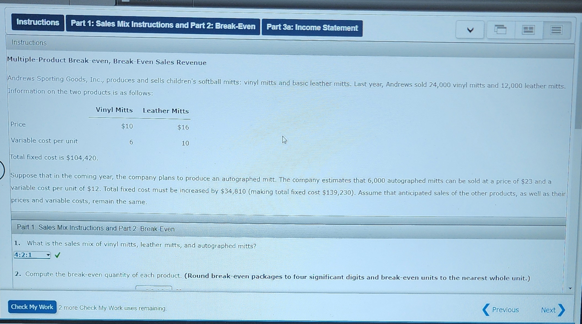 Solved Part 1: Sales Mix Instructions and Part 2: | Chegg.com