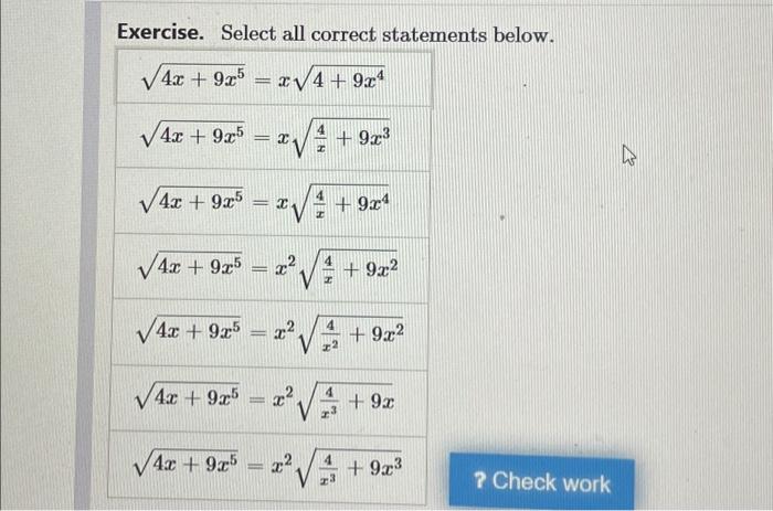 Solved Exercise. Select all correct statements below. √4x + | Chegg.com