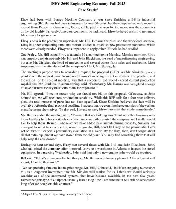 Solved INSY 3600 Engineering Economy-Fall 2023 Case Study ′ | Chegg.com