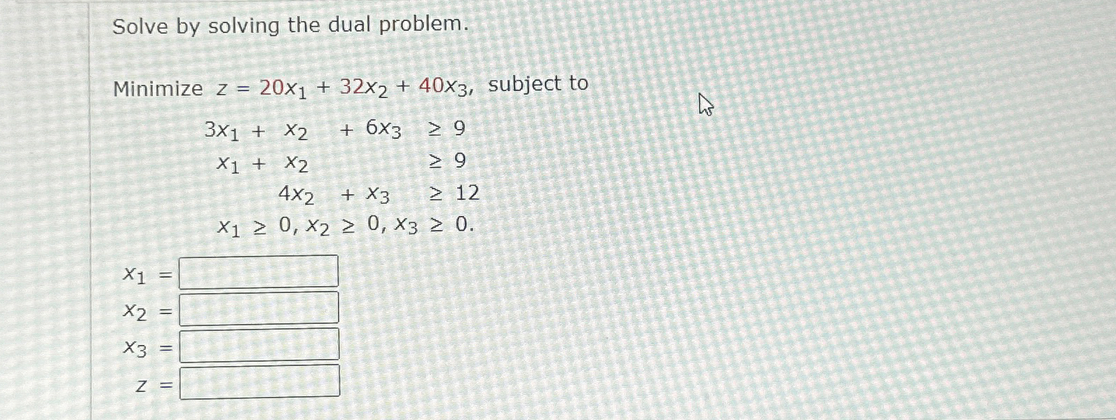 Solved Solve by solving the dual problem.Minimize | Chegg.com