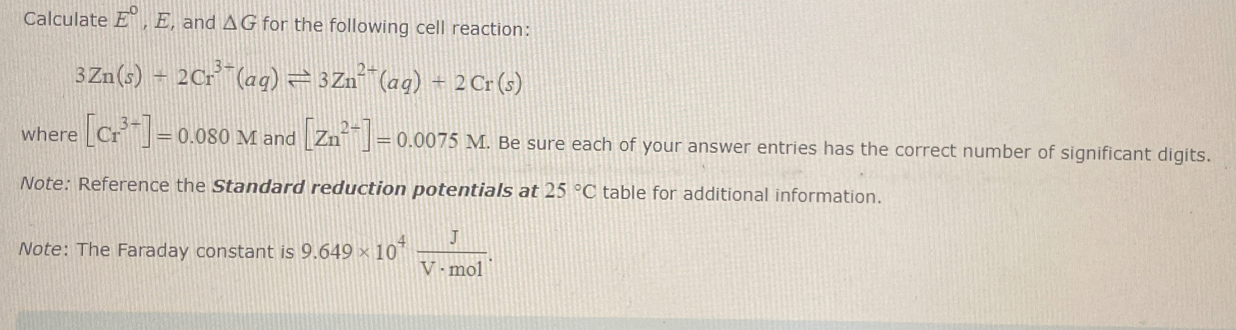 Calculate E° E ﻿and Δg ﻿for The Following Cell