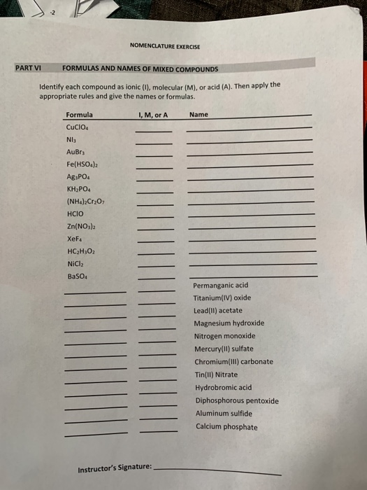 Solved NOMENCLATURE EXERCISE PART VI FORMULAS AND NAMES OF | Chegg.com