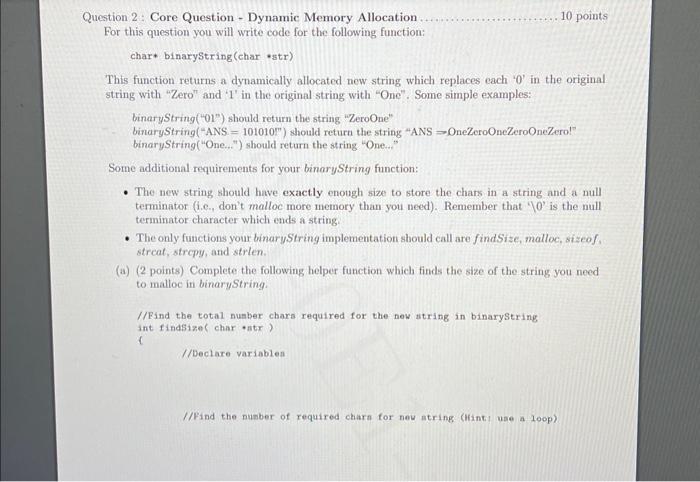Solved Question 2: Core Question - Dynamic Memory Allocation | Chegg.com