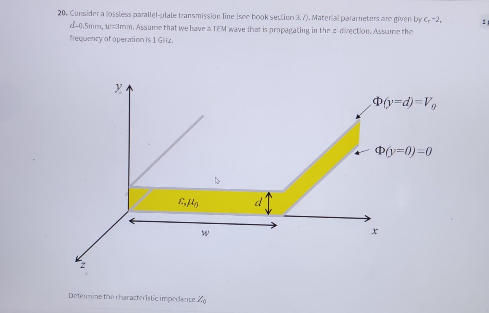 Solved 20. Consider a lossless parallel-plate transmission | Chegg.com