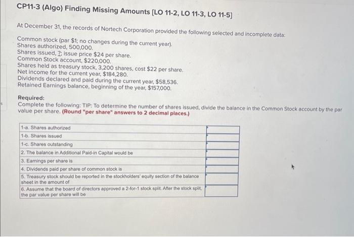 Solved CP11-3 (Algo) Finding Missing Amounts [LO 11-2, LO | Chegg.com