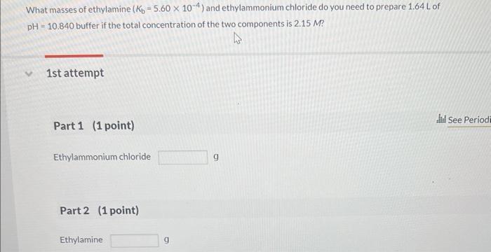 Solved What masses of ethylamine (Kb=5.60×10−4) and | Chegg.com