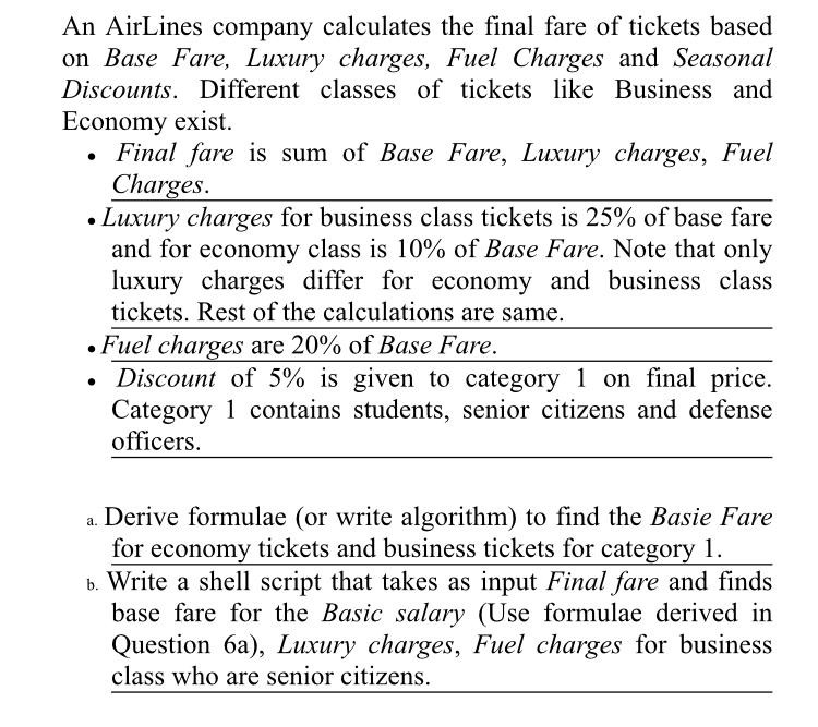 Solved An AirLines company calculates the final fare of | Chegg.com