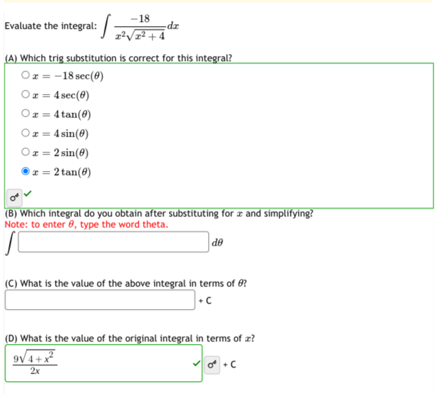 Solved Evaluate the integral: ∫﻿﻿-18x2x2+42dx(A) ﻿Which trig | Chegg.com