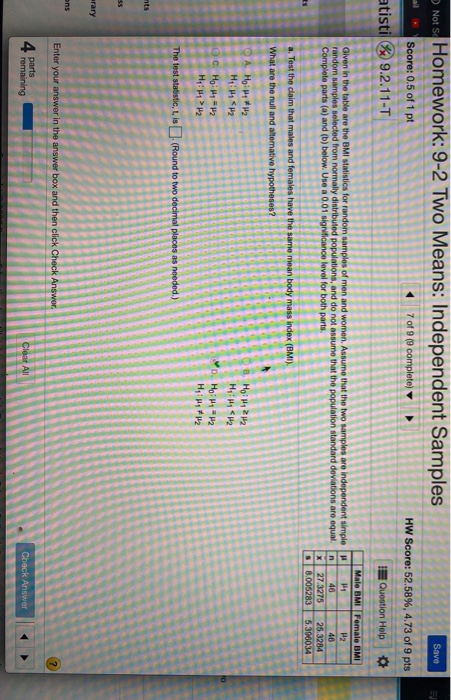 Solved Nots. Homework: 9-2 Two Means: Independent Samples | Chegg.com