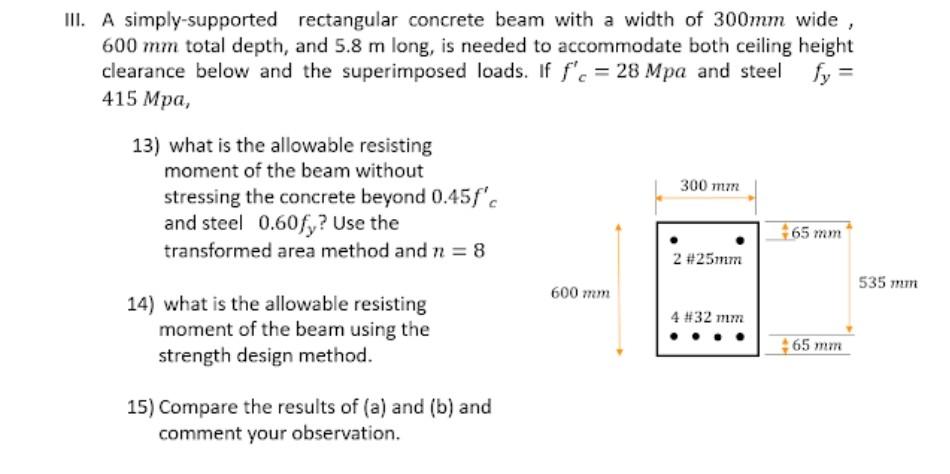 Solved III. A simply-supported rectangular concrete beam | Chegg.com