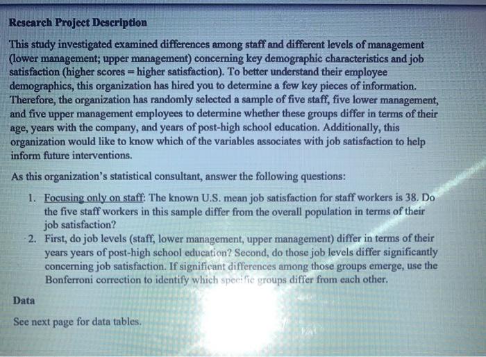 Solved Research Project Description This study investigated | Chegg.com
