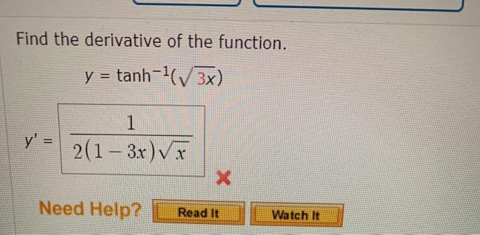 Solved Find the derivative of the function. y = tanh-ly 3x) | Chegg.com