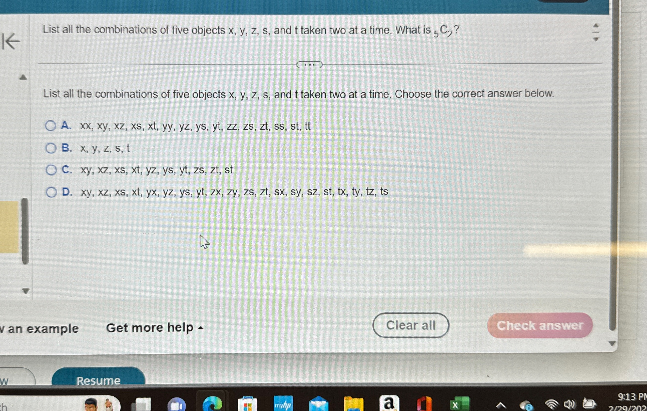 Solved List all the combinations of five objects x,y,z,s, | Chegg.com