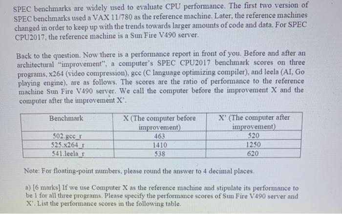 Solved SPEC benchmarks are widely used to evaluate CPU | Chegg.com
