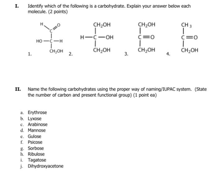 Solved I. Identify which of the following is a carbohydrate. | Chegg.com