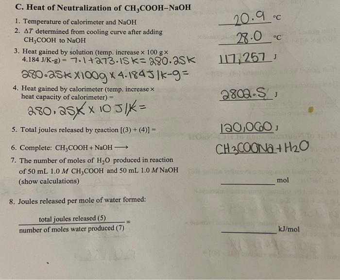 Solved C. Heat of Neutralization of CH3COOH−NaOH 1. | Chegg.com