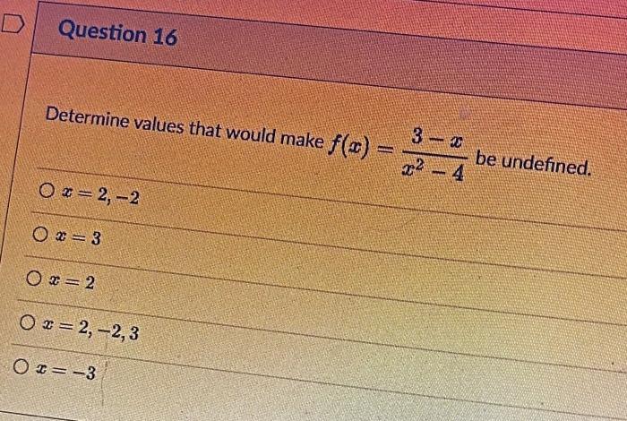 Solved Determine values that would make f(x)=x2−43−x be | Chegg.com