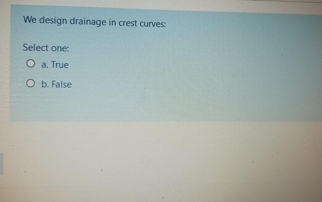 Solved We design drainage in crest curves: Select one: O a. | Chegg.com