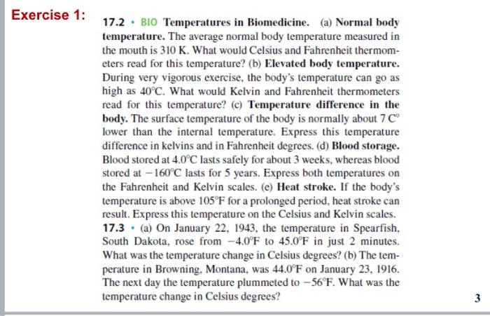 Solved Exercise 1: 17.2. BIO Temperatures in Biomedicine. | Chegg.com