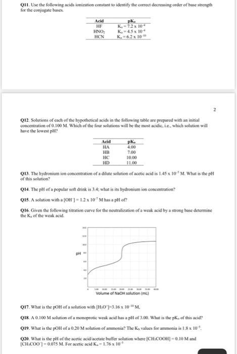 Solved Q11. Use the following acids ionization constant to | Chegg.com