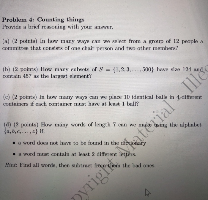 Solved Problem 4: Counting things Provide a brief reasoning | Chegg.com