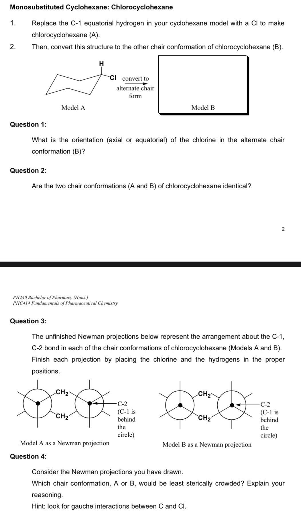 Solved Monosubstituted Cyclohexane: ChlorocyclohexaneReplace | Chegg.com