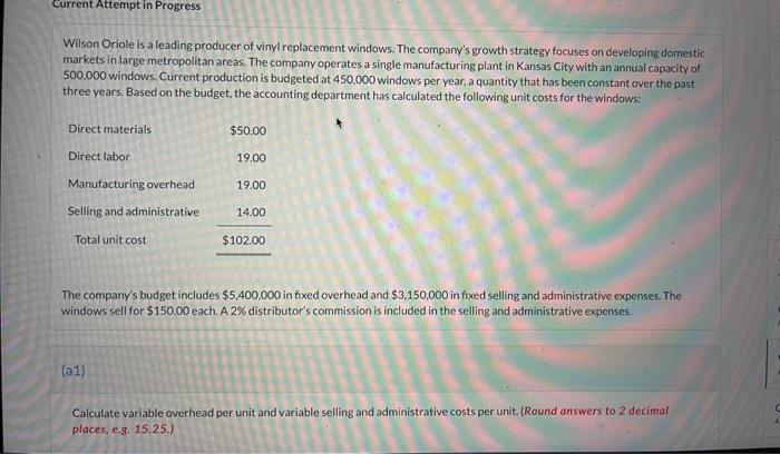 Solved Current Attempt in Progress Wilson Oriole is a | Chegg.com