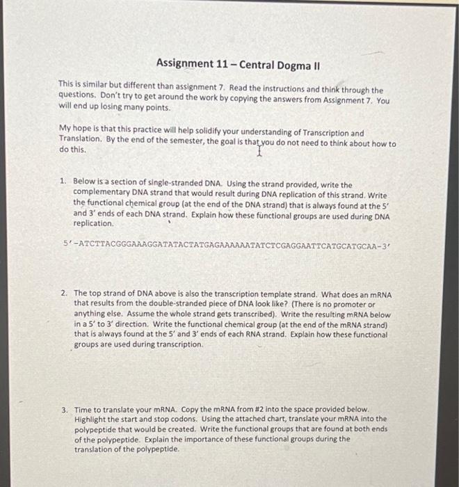 Solved Assignment 11 - Central Dogma II This is similar but | Chegg.com