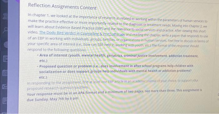 Reflection Assignments Content In chapter 1, we | Chegg.com