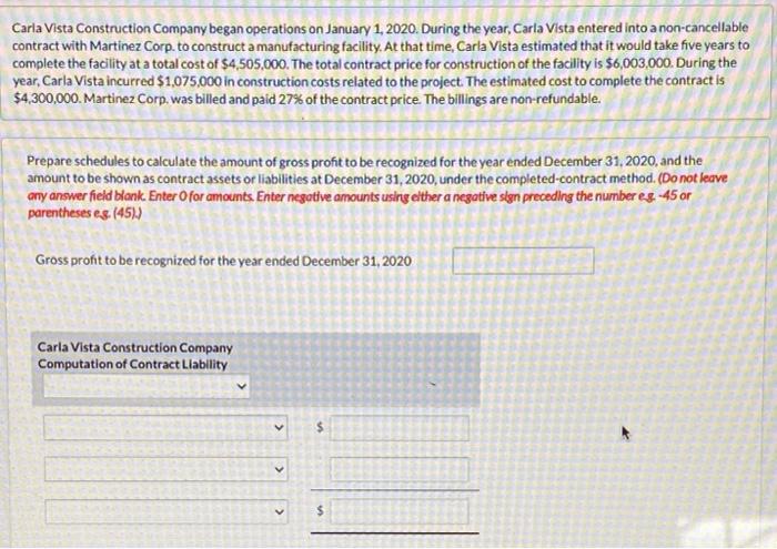Solved Carla Vista Construction Company began operations on | Chegg.com