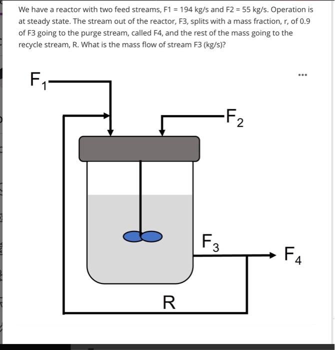 Solved We have a reactor with two feed streams, F1=194 kg/s | Chegg.com