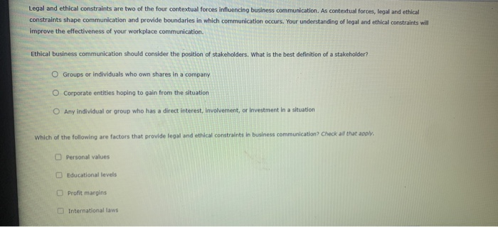 Solved Legal and ethical constraints are two of the four | Chegg.com