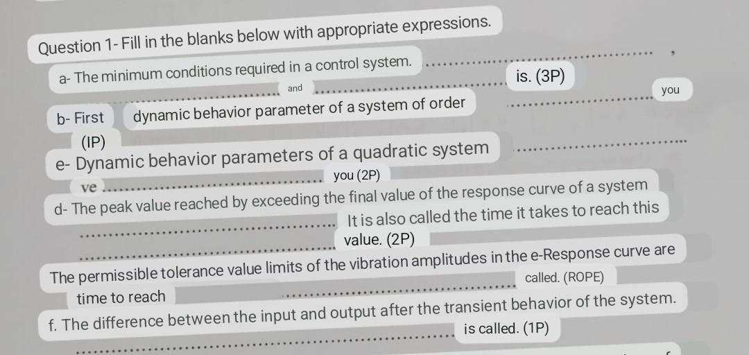 Solved dynamic behavior parameter of a system of order e- | Chegg.com