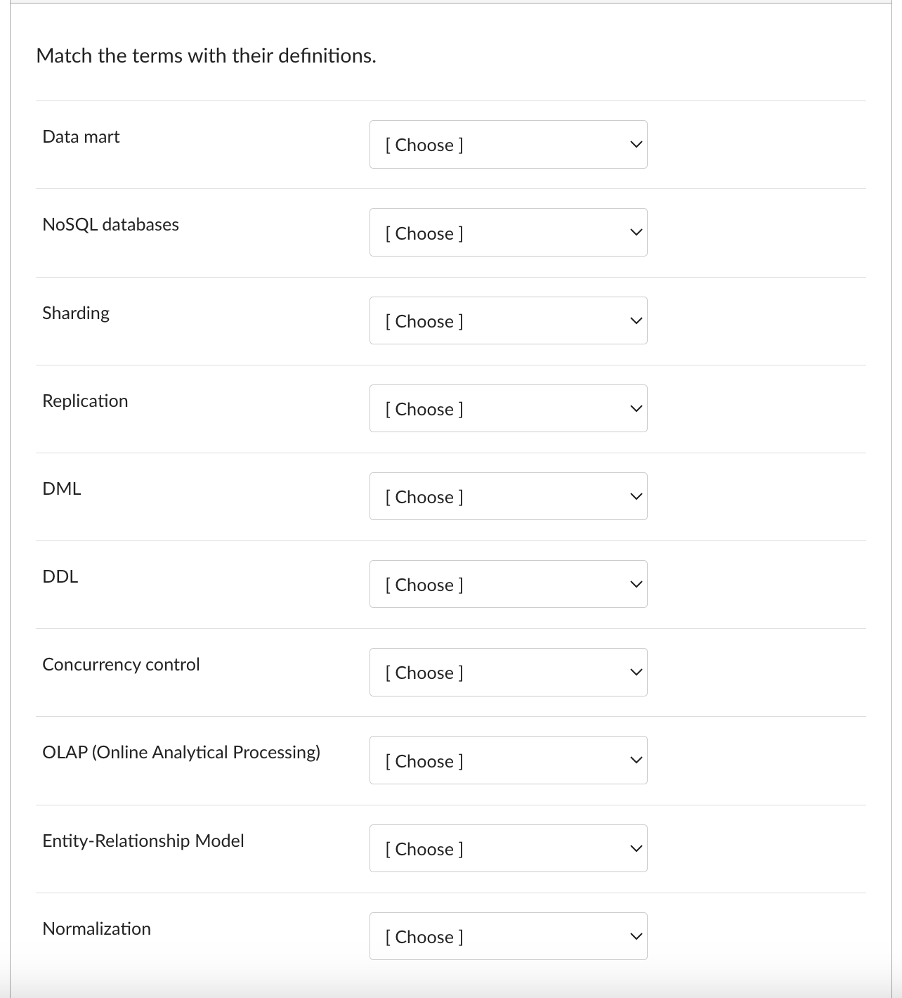 Solved Match the terms with their definitions.Data martNoSQL | Chegg.com