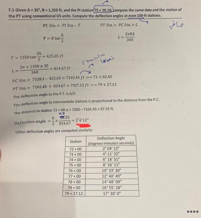 Solved 7.1 Given Δ=35∘,R=1,350ft, and the PI station | Chegg.com