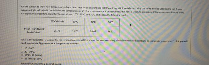 Solved You are curious to know how temperature affects heart | Chegg.com