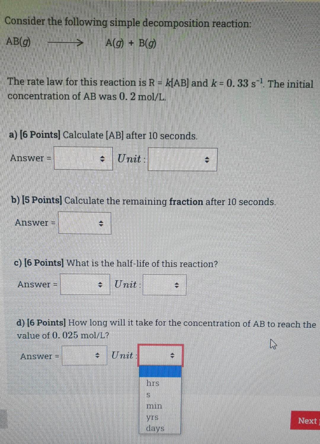 Solved Consider the following simple decomposition reaction: | Chegg.com