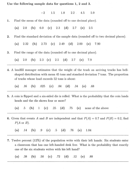 Solved Use the following sample data for questions 1, 2 and | Chegg.com
