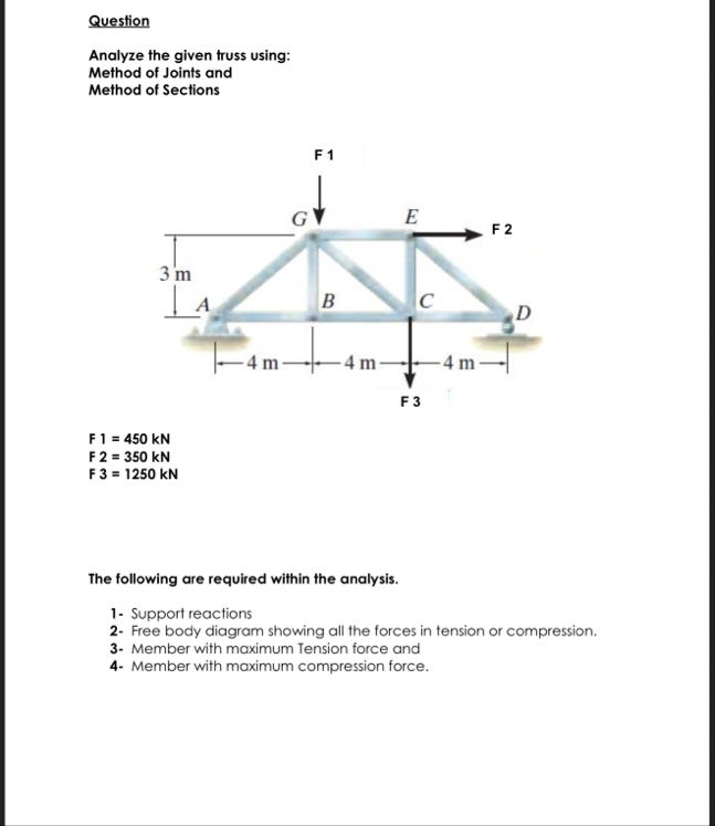 Solved QuestionAnalyze the given truss using: Method of | Chegg.com