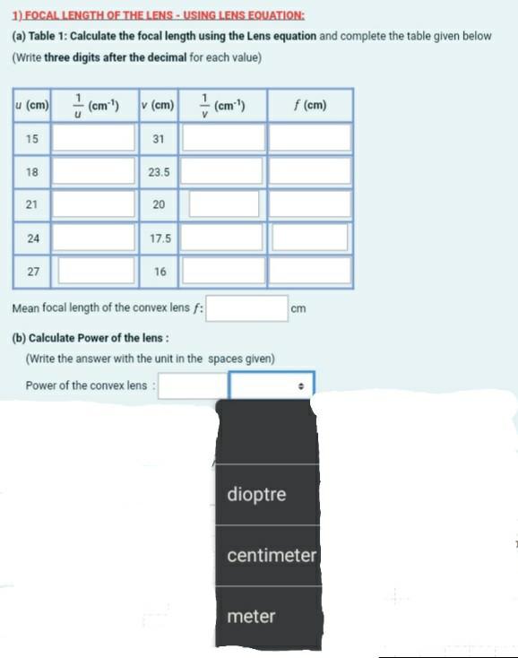 Solved 1) FOCAL LENGTH OF THE LENS - USING LENS EQUATION: | Chegg.com
