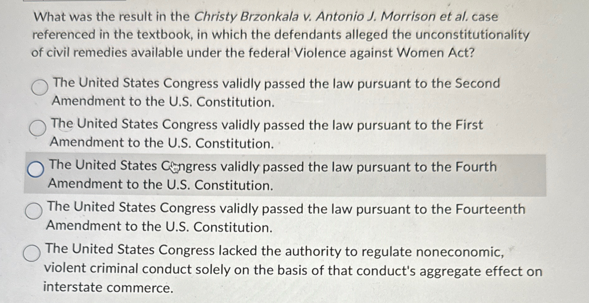 Solved What was the result in the Christy Brzonkala v. | Chegg.com