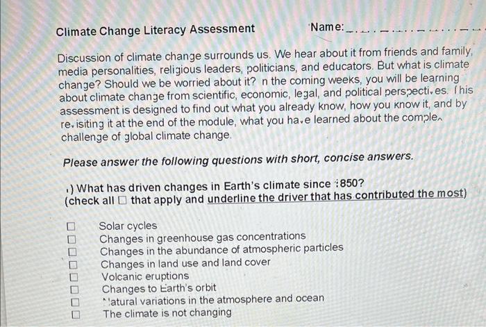 Solved Climate Change Literacy Assessment Discussion of | Chegg.com