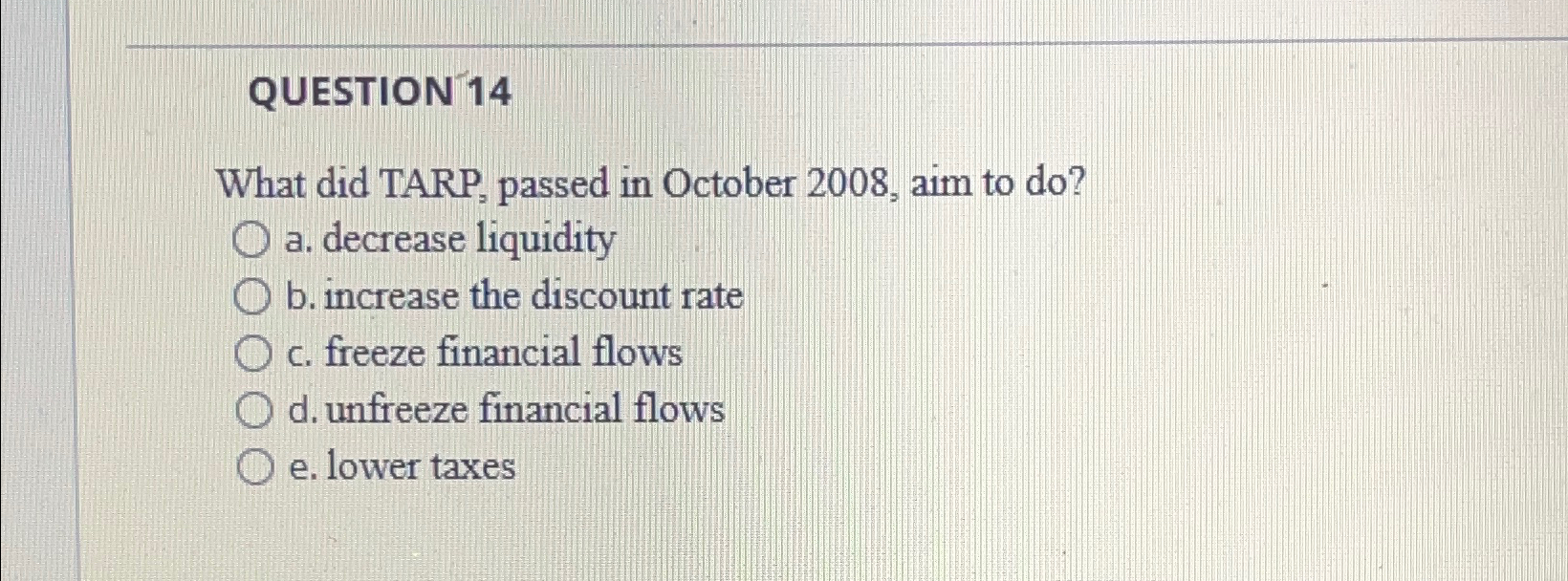 Solved QUESTION 14What did TARP, passed in October 2008, | Chegg.com
