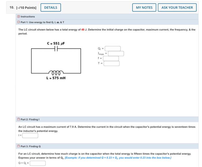 Solved The LC circuit shown below has a total energy of 49 | Chegg.com