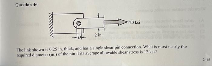 Solved Question 46 O 2 in. 20 ksi The link shown is 0.25 in. | Chegg.com