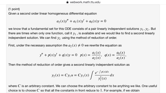 Solved webwork.math.ttu.edu (1 point) Given a second order | Chegg.com