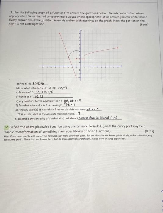 Solved please help with problem 12. The piecewise function | Chegg.com