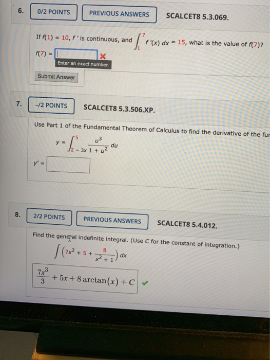 Solved 0/2 POINTS PREVIOUS ANSWERS SCALCET8 5.3.069. If f(1) | Chegg.com